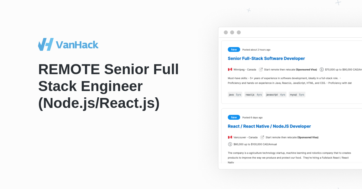 REMOTE Senior Full Stack Engineer (Node.js/React.js) - VanHack